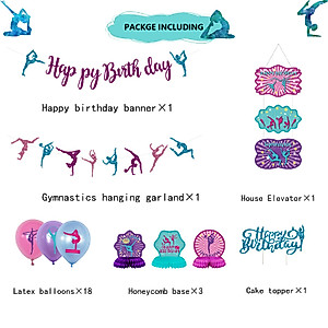 Gymnastics Party Decorations, Gymnastic Birthday Party Supplies with Birthday Banner, Honeycomb Centerpieces, Gymnastics Party Latex Balloons for Girls Gymnastics Theme Dance Party (A)