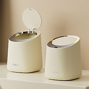 FLUSTDER Mini Countertop Garbage Can Small Plastic Wastebasket Waste Can with Press Type Lid Desktop Trash Can for Bathroom Bedroom Living Room (Cream White)