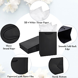 Jutieuo 12 Pcs Luxury Black Bags with Tissue Paper, Medium Size Gift Bags for Men, Groomsmen Proposal Bags, 8x4x11 Inches Premium Black Paper Bags with Handles for Valentine's Day Birthday Gift