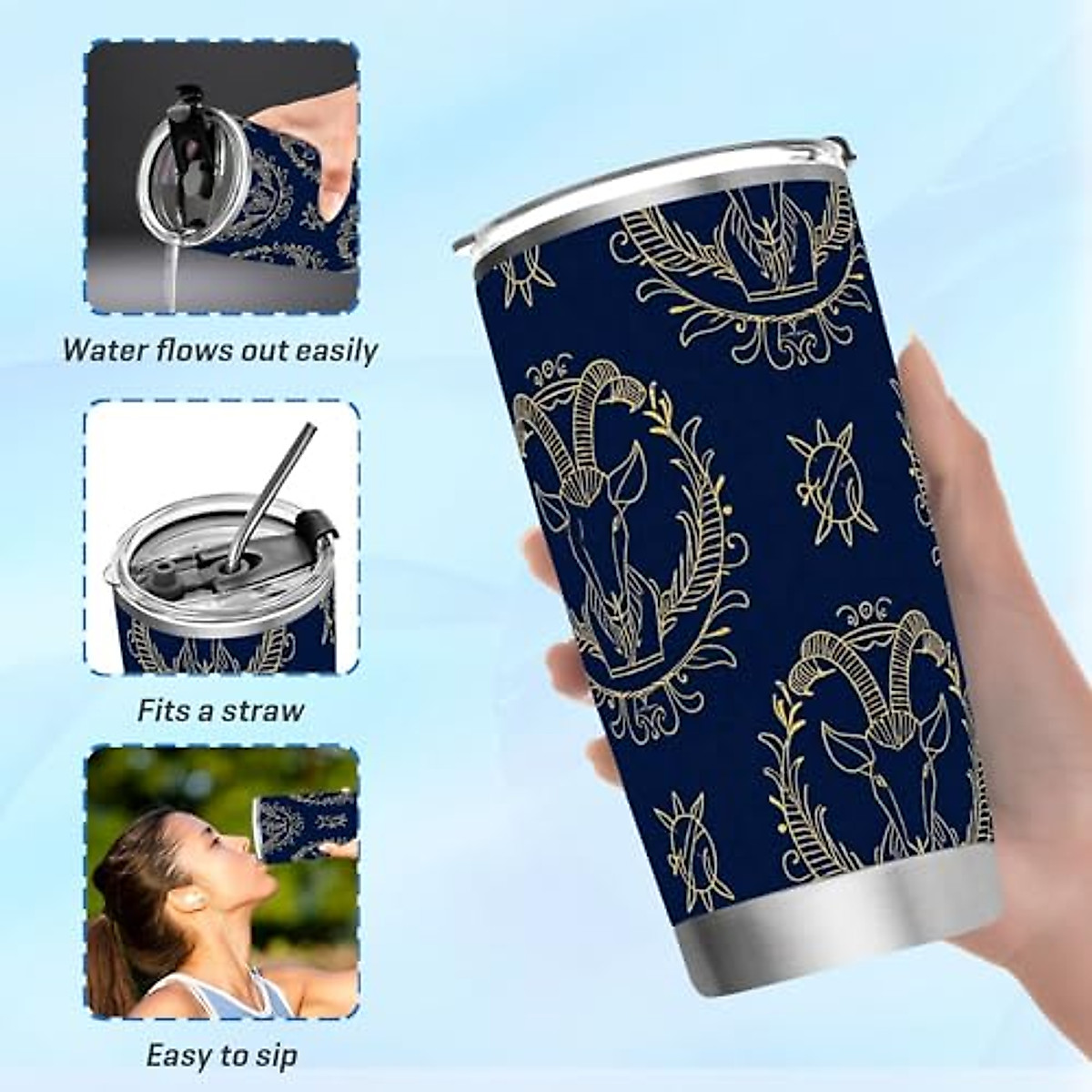 Gold Zodiac Sign Aries Navy Blue Stainless Steel water bottle with straw Leak-proof Lid and Straw insulated travel coffee mug for Home, Office or Car Aesthetic tumbler with lid and straw 20 OZ