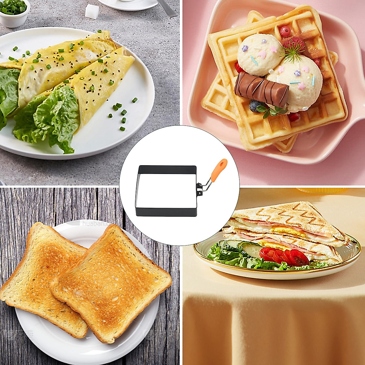 Egg Ring Egg Pan 2PCS Non-stick 4 Inch Square Egg Rings for Frying Eggs with Silicone Handle, Stainless Steel Square Egg Mold for Breakfast Type1