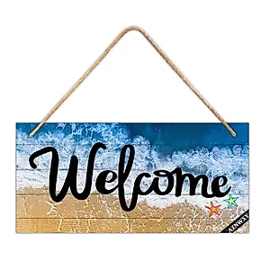 Welcome Hanging Wooden Sign - Welcome Wall Sign, Beaches and Starfish Door Sign, Ocean Theme Plaque Decoration