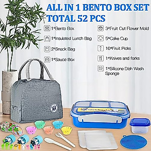 52Pcs Bento Box Lunch Box Kit, 1300ML Lunch Container for Kids/Adults/School, Durable Leak-proof Box 4 Compartments with Lunch Bag,Spoon,Fork,Accessories,for Dishwasher Refrigerator Microwave(Blue)