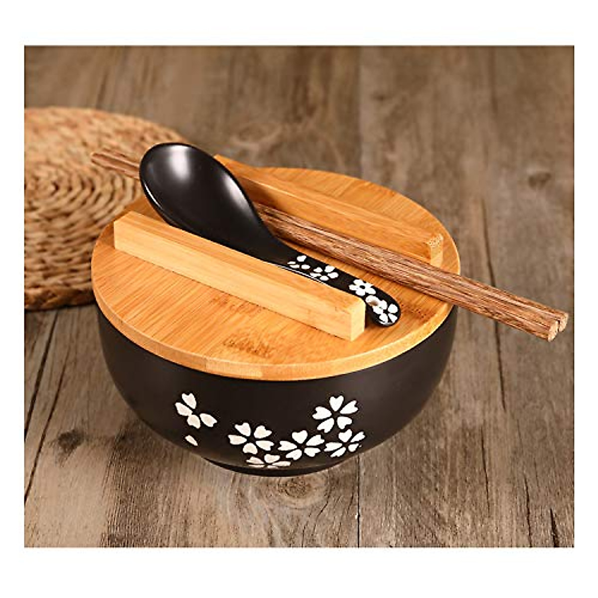 YingXue Japanese Cuisine Bowl (6.3 by 3.15 In) Set with Wooden Lid, Soup Spoon, Wooden Chopsticks, Bamboo Tray, Ceramics Sakura Ramen bowl, Ceramic Instant Noodle Bowl, Salad Bowl Soup Bowl Rice Bowl