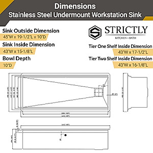 Strictly Sinks 45” Copper Workstation Sink - 16 Gauge 45 Inch Stainless Steel Sink - 2-Tier Undermount Kitchen Sink with 2 Square Strainer Drains, 1 Disposal Adapter, & 6 Workstation Sink Accessories