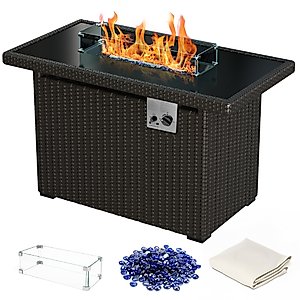 PRIMETEK 2-in-1 Fire Pit Table for Patio, Brown Wicker - 44", 50,000 BTU, Wind Guard, and Glass Rocks (FPH-BRN) (44 x 32 x 24 inch)