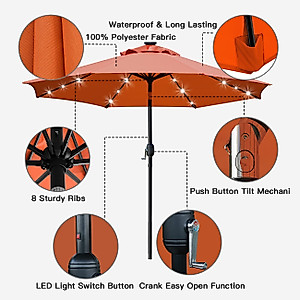 Sunnyglade 9' Solar LED Lighted Patio Umbrella with 8 Ribs/Tilt Adjustment and Crank Lift System (Orange)