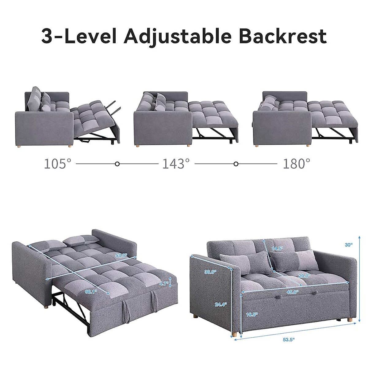 Loveseat Sleeper Sofa- 3 in 1 Convertible Sofa Bed,Pull Out Couch with Adjustable Backrest,Multi-Functional Lounge Chair with Teddy Fabric for Living Room,Small Space (Grey)
