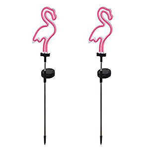 Solar Pink Flamingo Yard Ornaments w/Stakes, Solar Landscape Lights Outdoor Waterproof Neon Strip for Garden Pathway Patio Lawn Flowerbed Beach Party Wedding, 30" Tall (2 Pack)