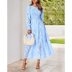 BTFBM Casual Women's 2025 Fall Dresses Elegant Wedding Guest Dress Long Sleeve Floral Midi Dress Flowy Bohemian Long Dress(Blue,X-Large)