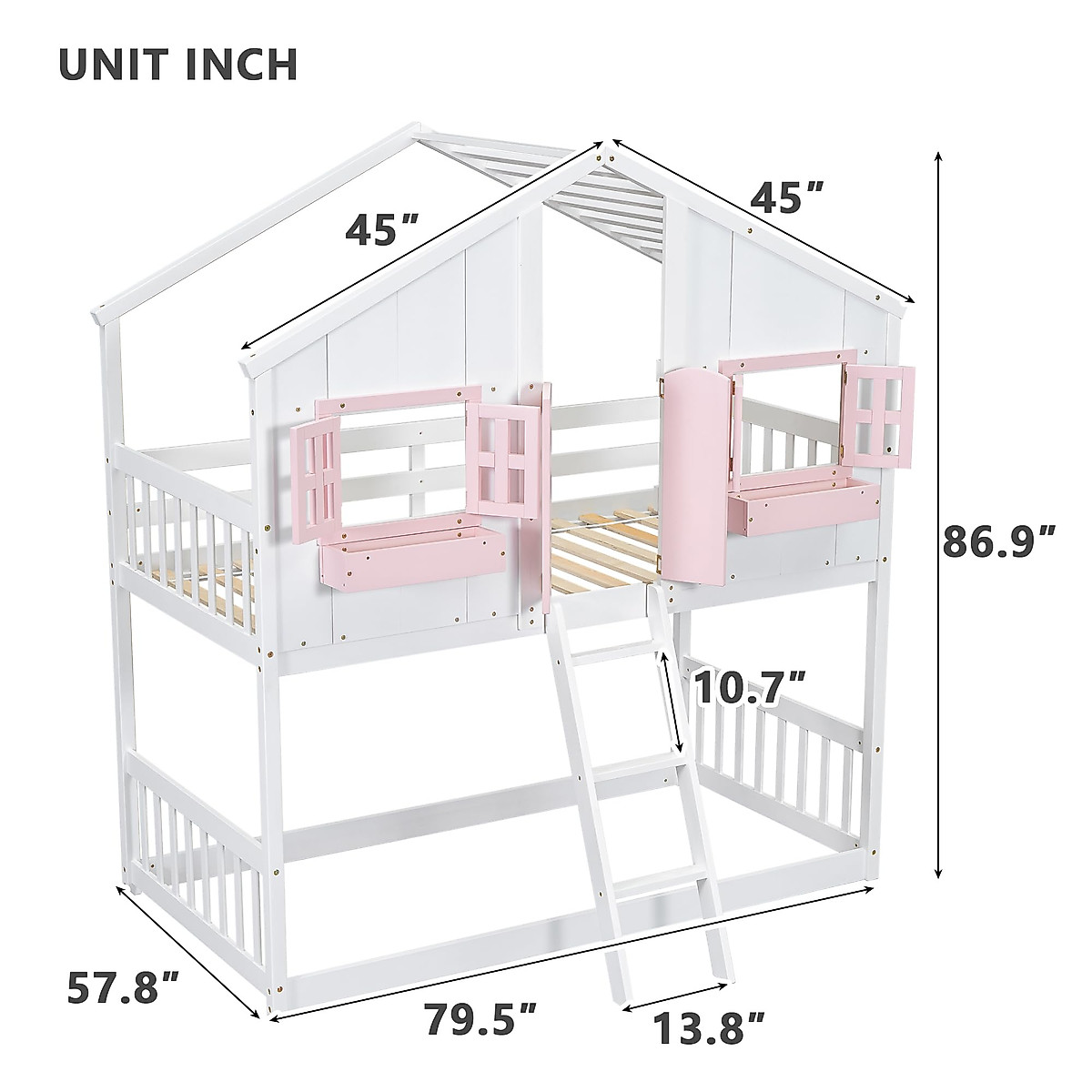 Tdewlye House Bunk Bed Twin Over Twin Kids Bunk Bed Wood Frame with Roof, Window, Window Box, Door, Safety Guardrails and Ladder for Girls Boys Child Teens (Pink+White-@14)