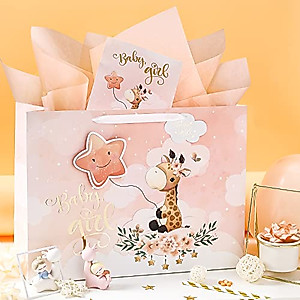 WRAPAHOLIC 16" Extra Large Baby Girl Gift Bag with Card and Tissue Paper - For Baby Shower, New Baby