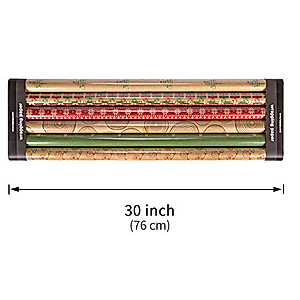 RUSPEPA Christmas Wrapping paper - Brown Kraft Paper with Red and Green Pattern For -Christmas Elements Collection-6 Roll-30Inch X 10Feet Per Roll