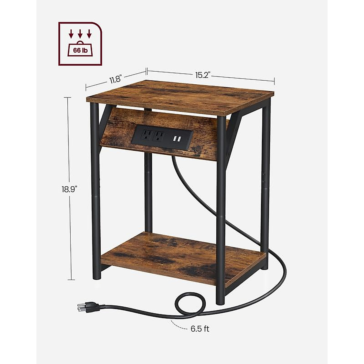 VASAGLE Side Table with Charging Station, End Table with USB Ports and Outlets, Nightstand for Living Room, Bedroom, Plug-in Series, Rustic Brown and Black ULET371B01