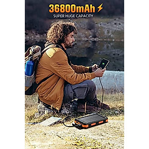 Feeke Solar-Charger-Power-Bank - 36800mAh Portable Charger,QC3.0 Fast Charger Dual USB Port Built-in Led Flashlight and Compass for All Cell Phone and Electronic Devices(Orange)