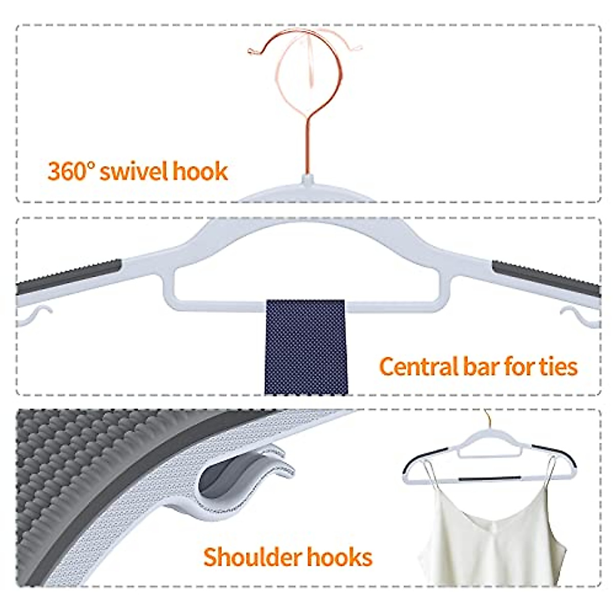 Plastic Coat Hangers 50 Pack Space Saving Coat Hanger Ultra Thin Non Slip Clothes Hanger Heavy Duty Pant Hangers with 360°Rotating Rose Gold Hook by GUFUR