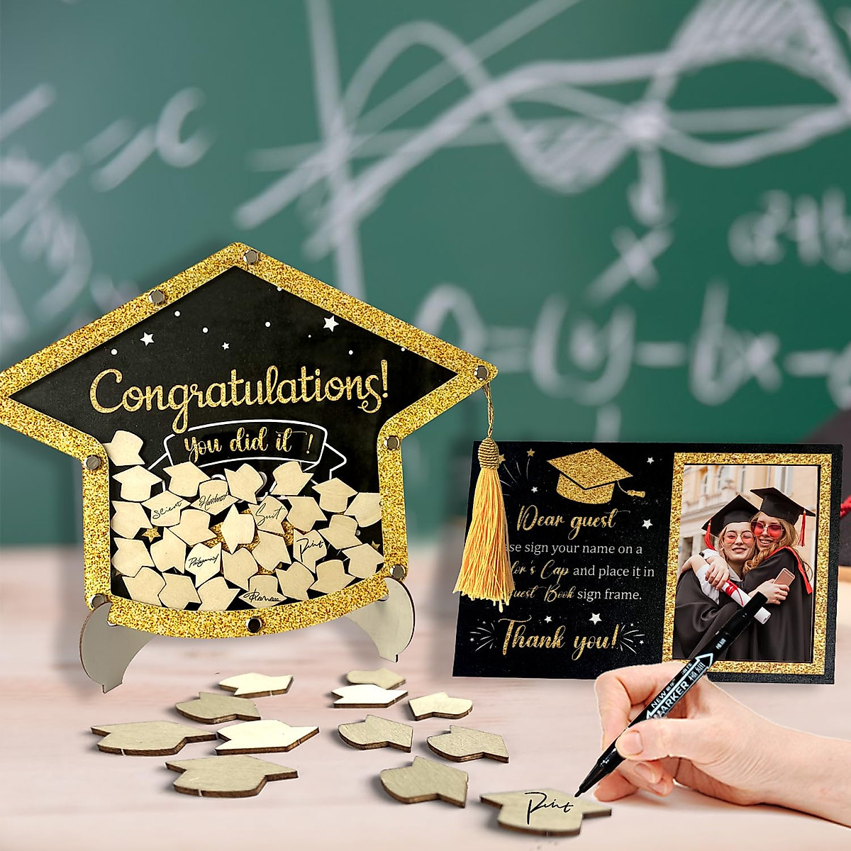 Huaerle Graduation Guest Book, Congrats Graduation Guest Book with 66 Wooden Grad Cap, 2024 Graduation Party Sign in Reception Alternative, Class of 2024 Picture Frame Congrats Graduation Party Decor