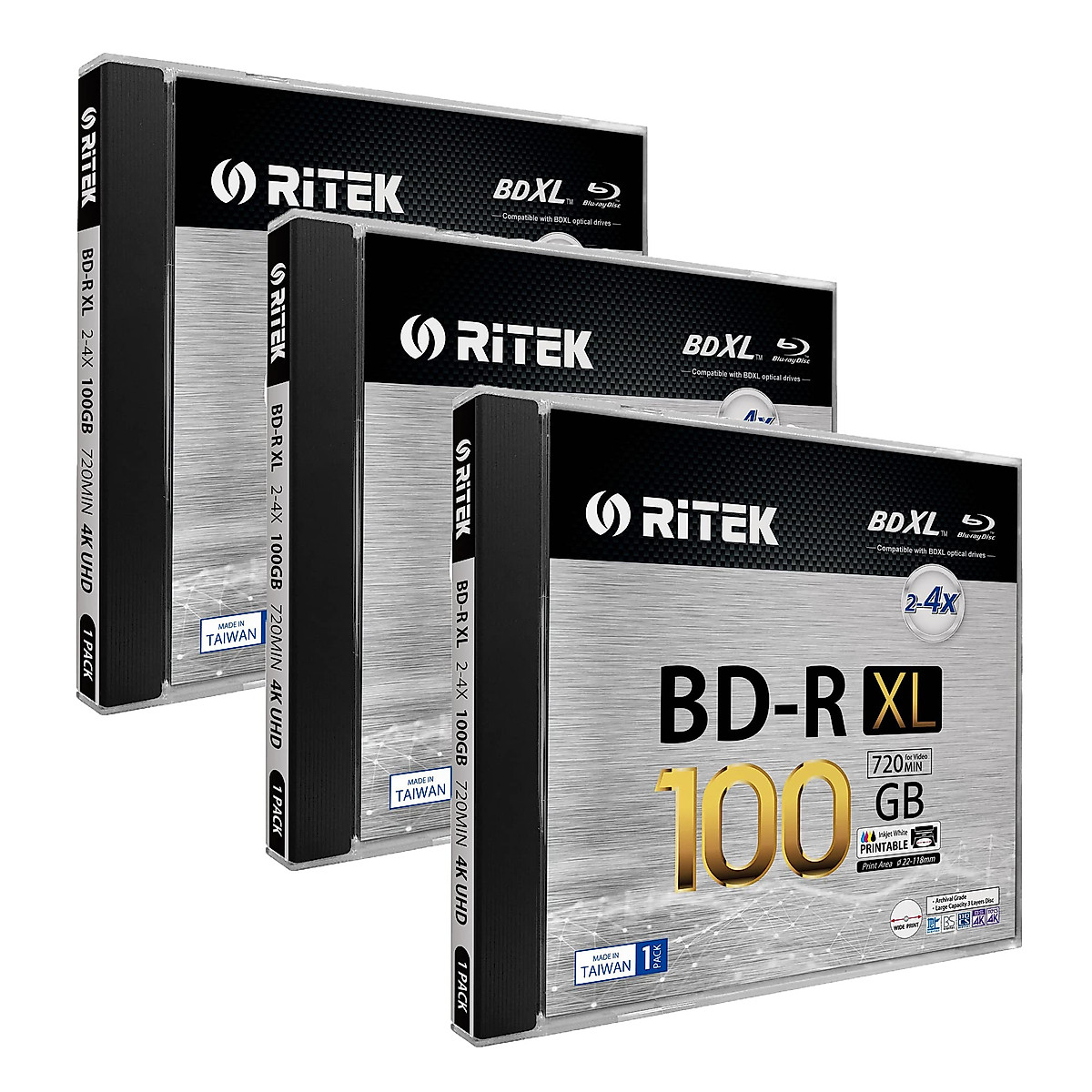 3 Pack Ritek BD-R XL BDXL 100GB Archival Grade Triple Layers 4X White Inkjet Hub Printable Blank Disc w/Standard Jewel Case