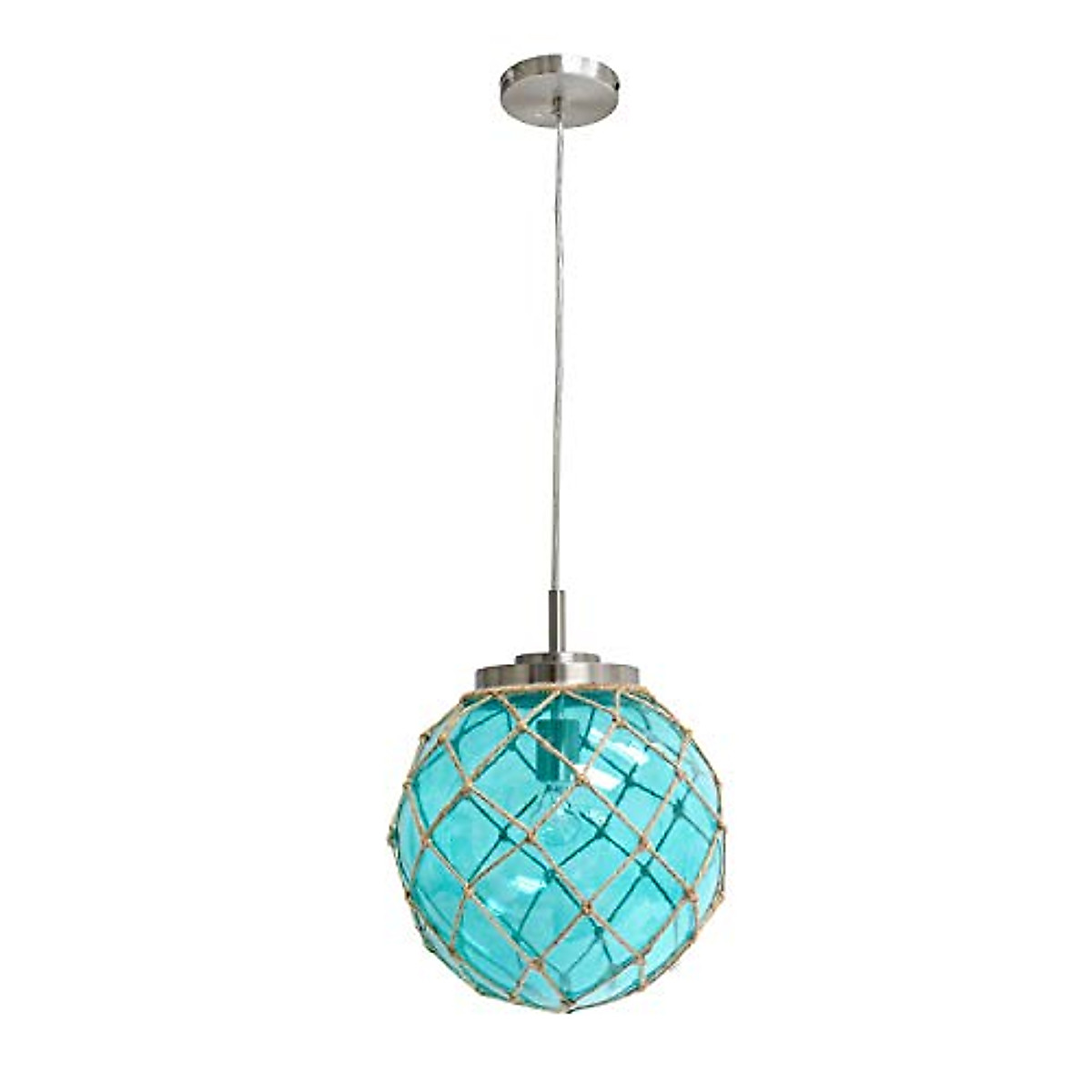 Elegant Designs PT1003-AQU Buoy Netted Brushed Nickel Coastal Ocean Sea Glass Pendant with Natural Rope, Aqua