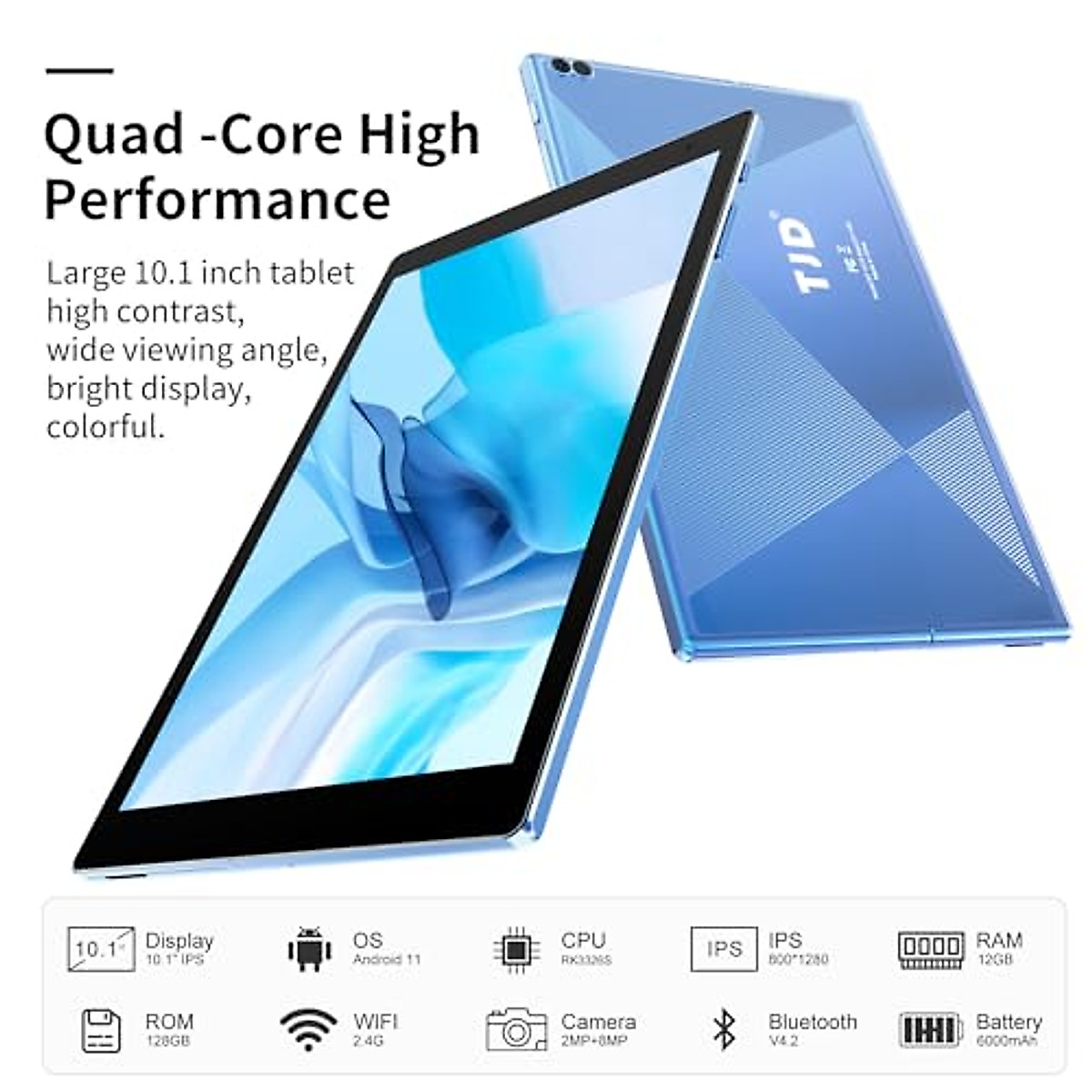 TJD Android Tablet 10 inch, 128GB ROM Tablet PC, Quad-Core Processor, 6000mAh Battery Dual Camera Stereo Speakers, WiFi, Bluetooth, Gaming Reading Google Touchscreen Tablets (Blue)