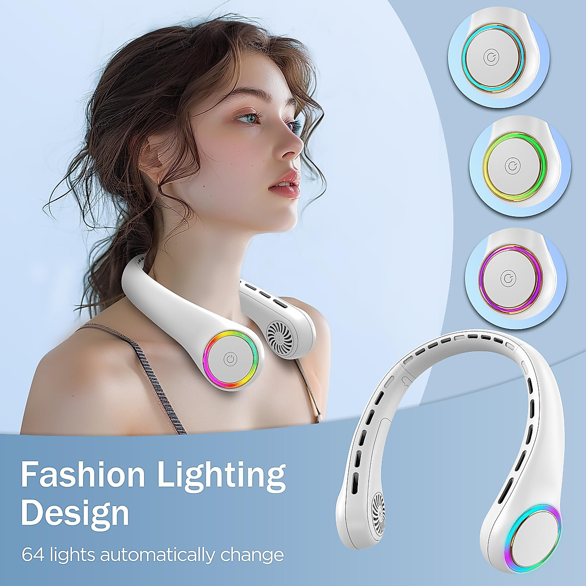 GULAKI Neck fan, Portable Fan with 5-17H Lifespan, 4000mAh Neck fan air conditioner with 3 Adjustable Speeds and 64 Cool Lights, Rechargeable Neck Fan, Hands-Free Cooling Neck fan for Summer (White)