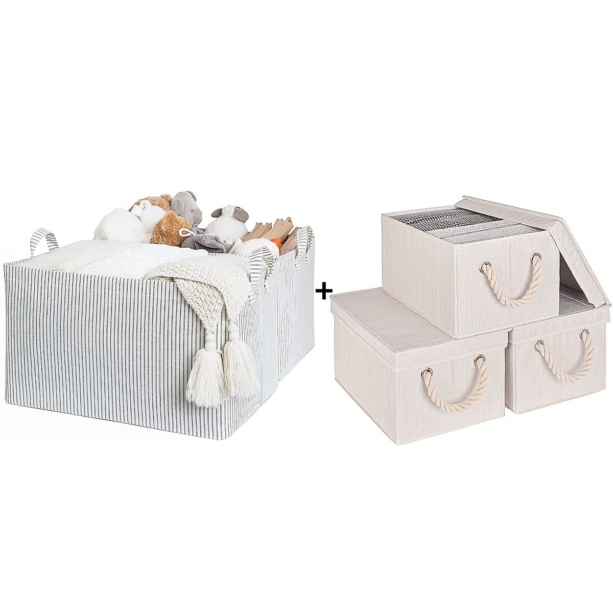 StorageWorks 45L Extra Large Fabric Storage Bins with Decorative Storage Boxes with Lids and Soft Rope Handles