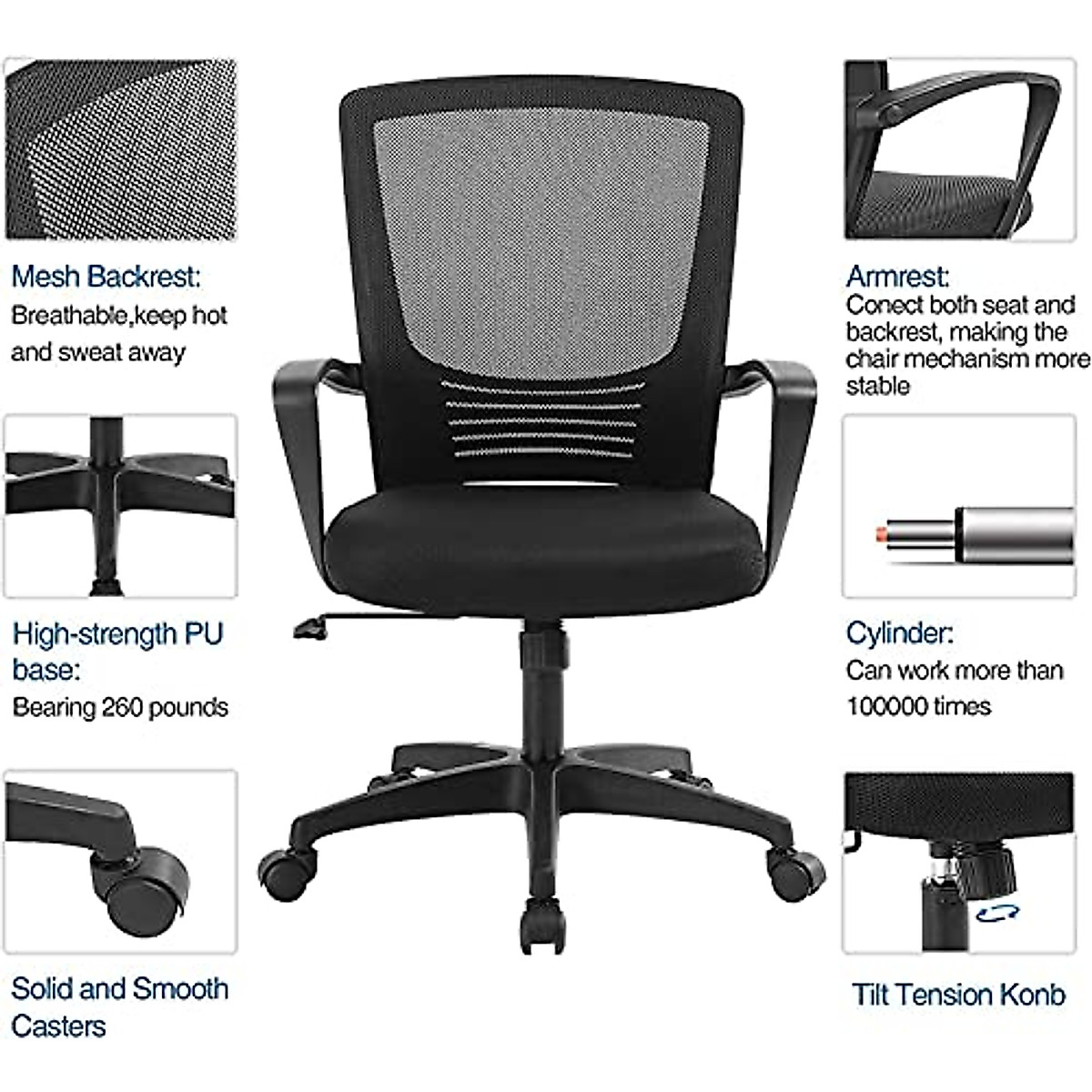ANACCI Office Chair, Desk Chair with Rocking Back, Mid-Back Mesh Computer Chair with Adjustable Height, Drafting Chair Home Office