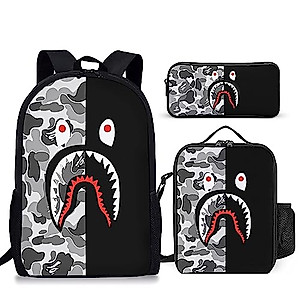 Ceosmch 3PCS Shark Kids Adjustable Shoulder Straps Backpack,Large Capacity School Bag,Camo Travel laptop Backpack,Durable Lunch Box,Ideal for Fans Gifts Style1