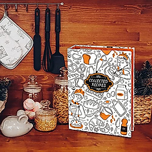 Recipe Binder, 9.5 inch x 11 inch 3 Ring Recipe Binder Kit with 50 Plastic Protectors, 100 5 inch x 7 inch Recipe Cards & 8 Category Divider Tabs, Organizer Set Orange Cartoon Design (XL)