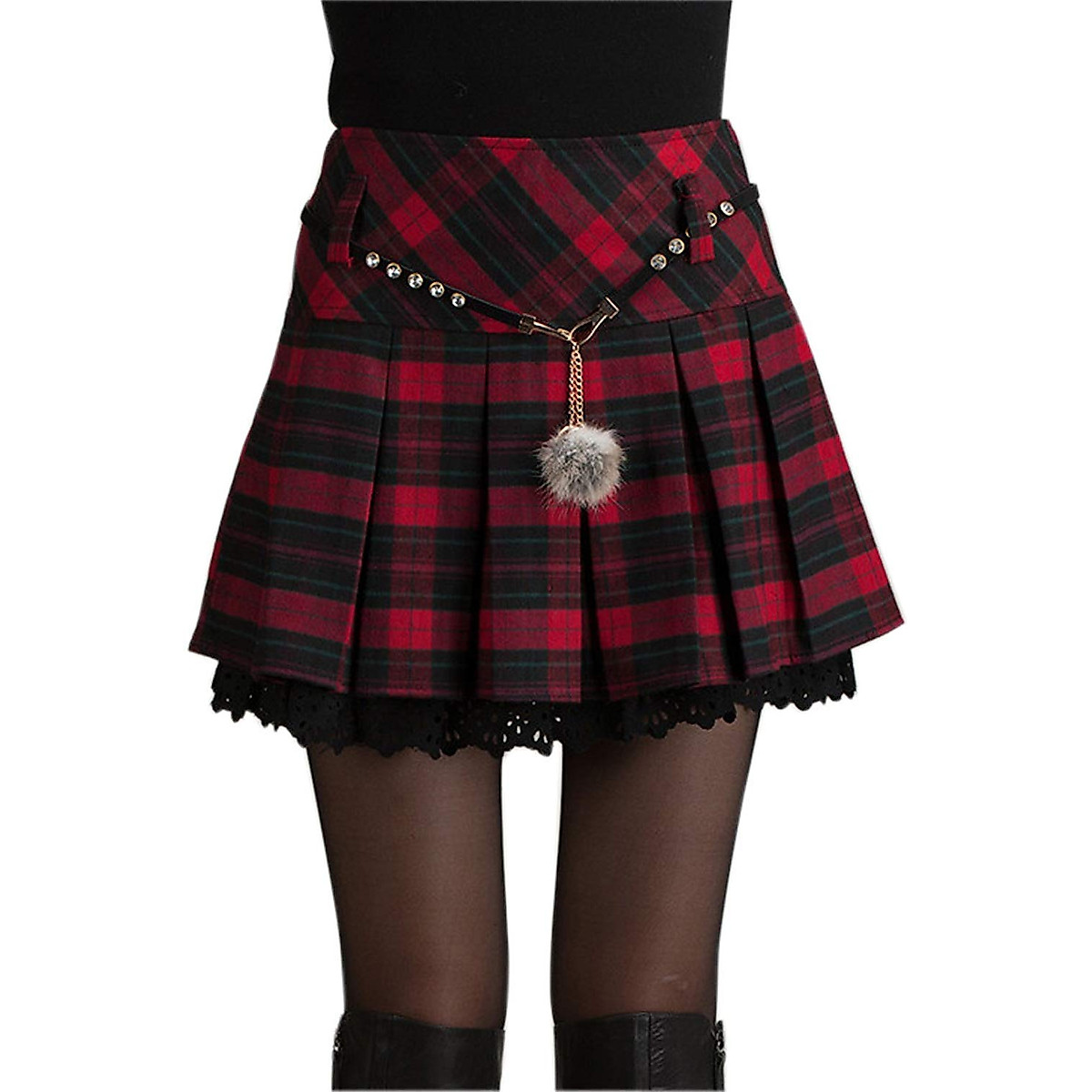 chouyatou Women's A-Line Plaid Wool Blend Pleated Skirt Side Zipper Medium Red