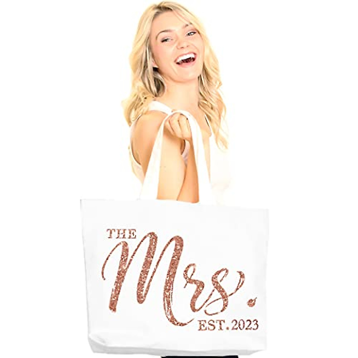 Rose Gold Bride Tote Bag - Giant Size Cotton Canvas The Mrs. Est. 2023 Rose Gold Glitter CHIC Cotton Canvas Tote Bag - Bride Kit, Bridal Gift - White Tote(Chic 2023 RsG) Wht