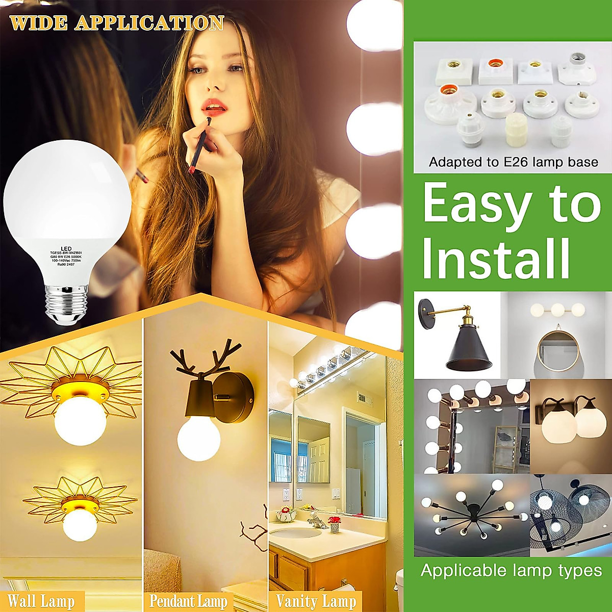 Jardhom Vanity Light Bulbs 8 Pack G25 LED Globe Light Bulb for Bathroom Vanity Mirror Decorative, E26 Base LED Round Light, 8W 75W Incandescent Equivalent, 5000K Daylight, Non-dimmable, 750 Lumens