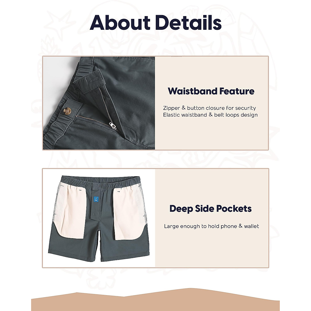 maamgic Men's Classic-fit 7" Cotton Casual Shorts Elastic Waistband with Multi-Pocket Daily Wear Walking Summer Outfit