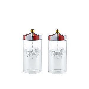 Circus, Set of two spice jars in silk-screen glass with hermetic lid in tinplate.