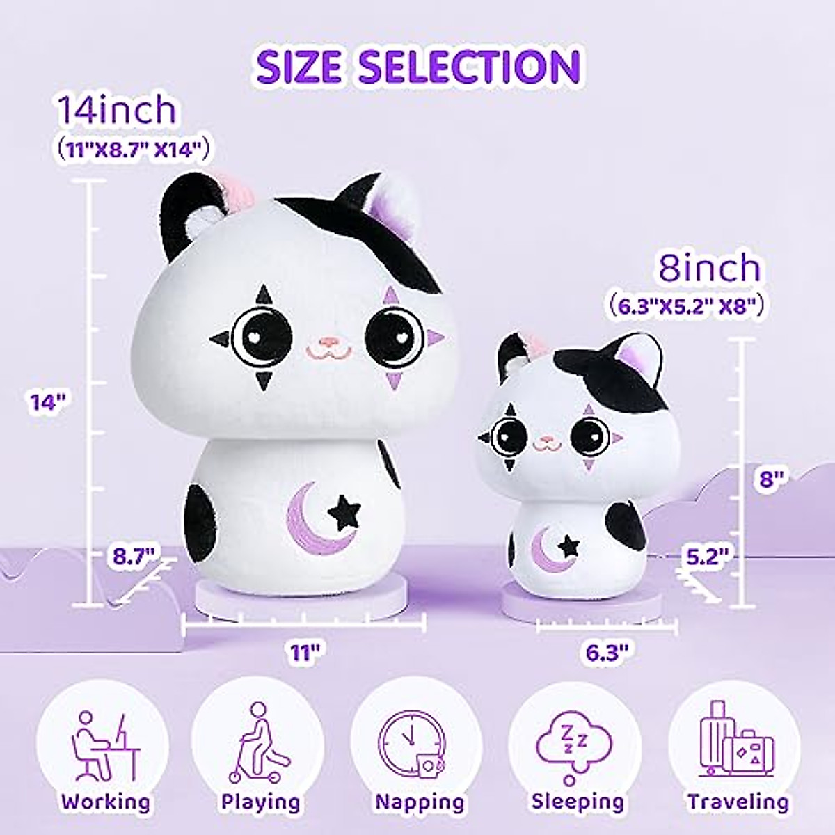 Mewaii 8 Inch Mushroom Plush, Cute Cat Plush Pillow Soft Plushies Squishy Pillow, Black Cat Stuffed Animals, Kawaii Cow Plush Toys Home Decoration Gift for Girls Boys