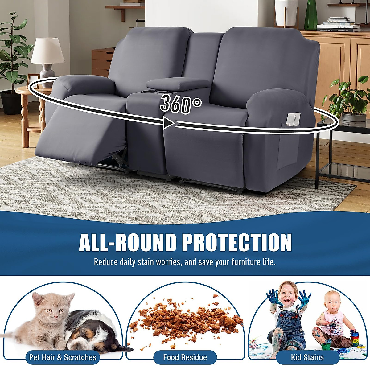 TAOCOCO Reclining Loveseat with Middle Console Slipcover, 4 Piece Polyester Fabric Stretch Loveseat Reclining Sofa Covers (Light Gray, 2 Seat Recliner Cover with Console)