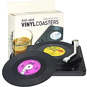 Funny Retro Vinyl Record Coasters for Drinks with Vinyl Record Player Holder for Music Lovers,Set of 6 Conversation Piece Sayings Drink Coaster,Wedding Registry Gift Ideas,Housewarming Hostess Gifts
