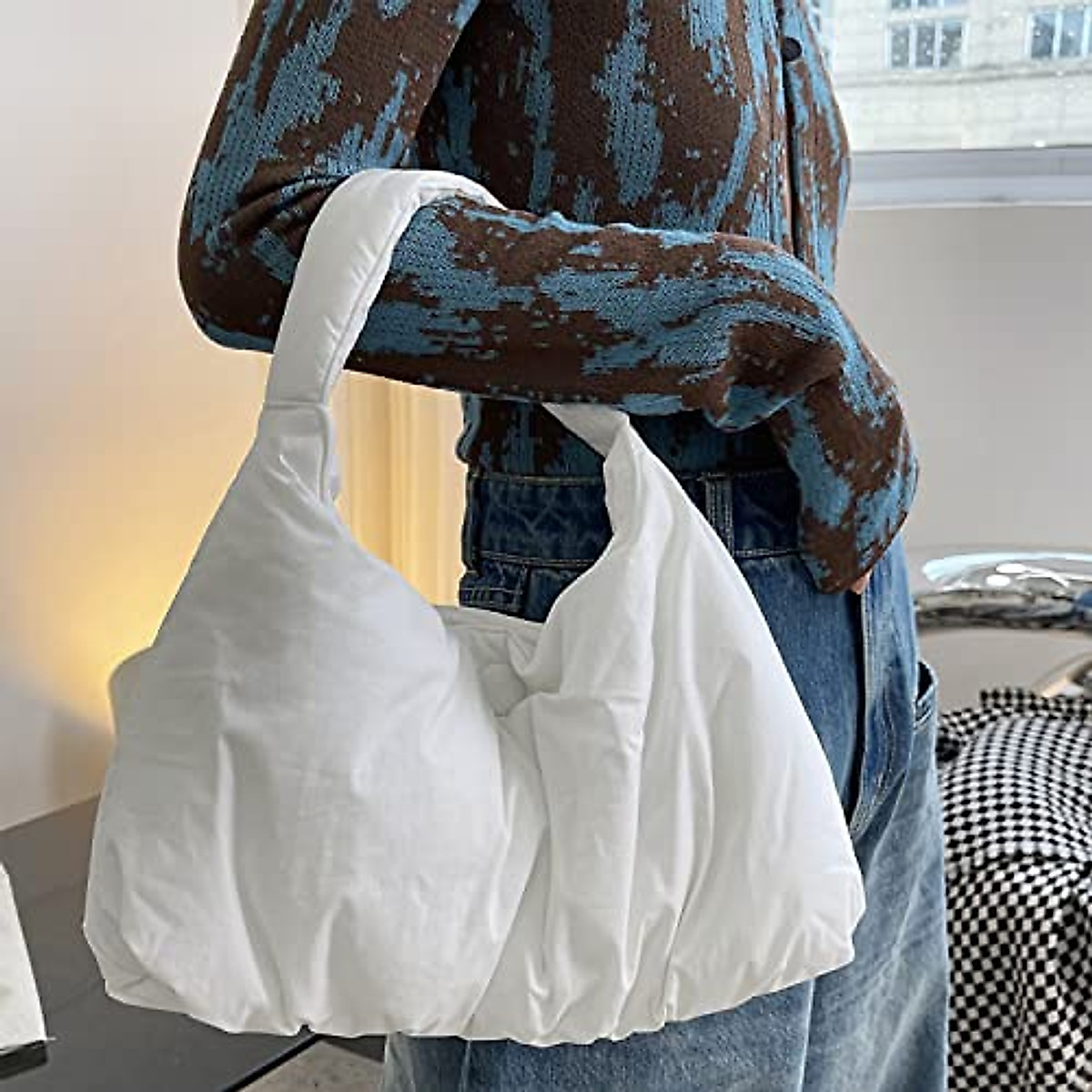 Puffer Bag for Women, Cotton Designer Handbags Purse for Women Soft Fashion Ladies Shoulder Bags Tote Handbag (White)