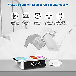 Alarm Clock with 15W Fast Wireless Charging Pad, Snooze Alarm Clock with 4 Brightness 12/24H,Compatible with iPhone,Galaxy, Samsung,LG,Android,AirPods Wireless Charger for Bedroom,Additional USB Port