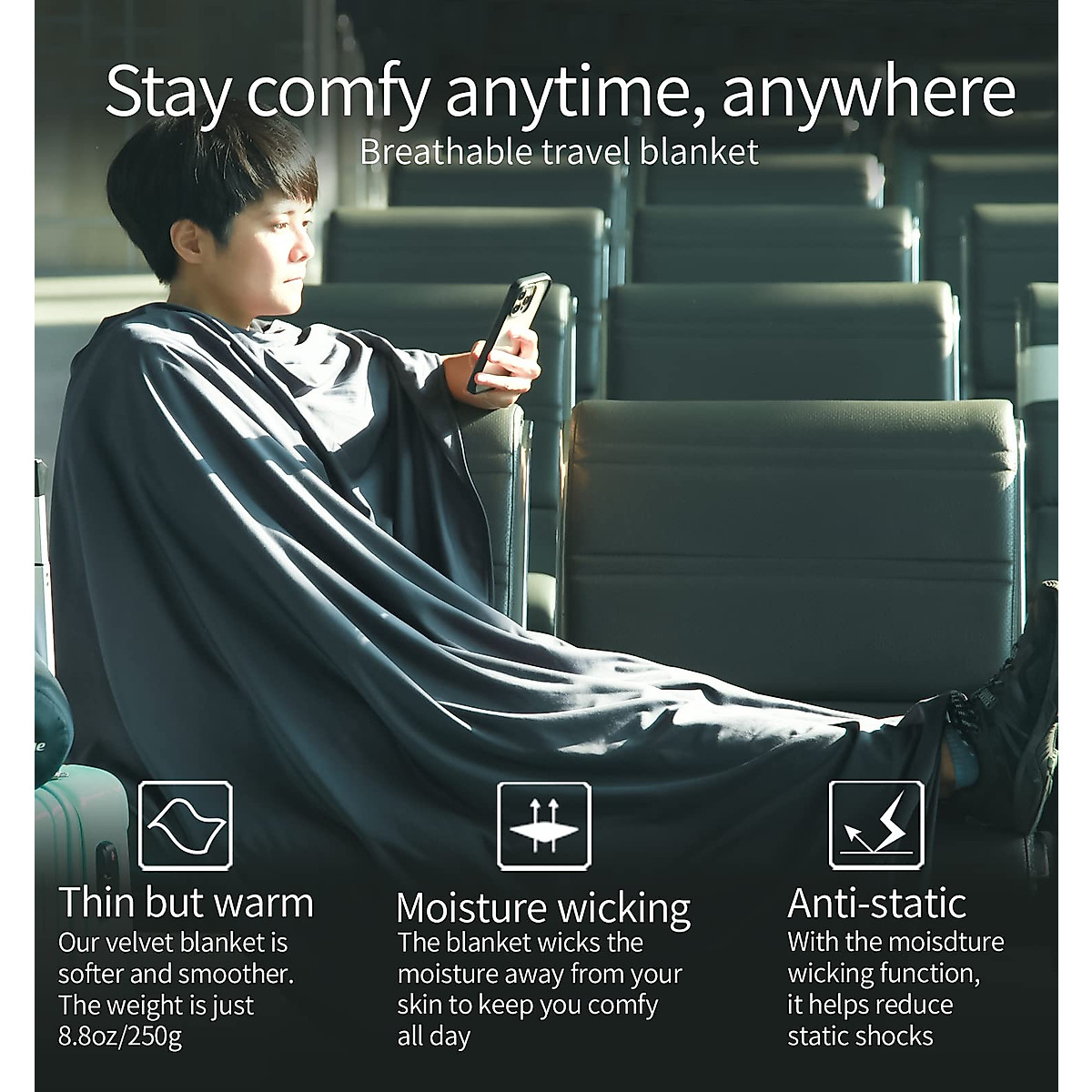 Litume Travel Blanket Lightweight and Breathable, 67 x 48 in Soft Airplane Flight Blanket for Travelers, Foldable Camping Sheet with Stuff Sack for Train, Camp, backapcking, office, home (Velvet E650)