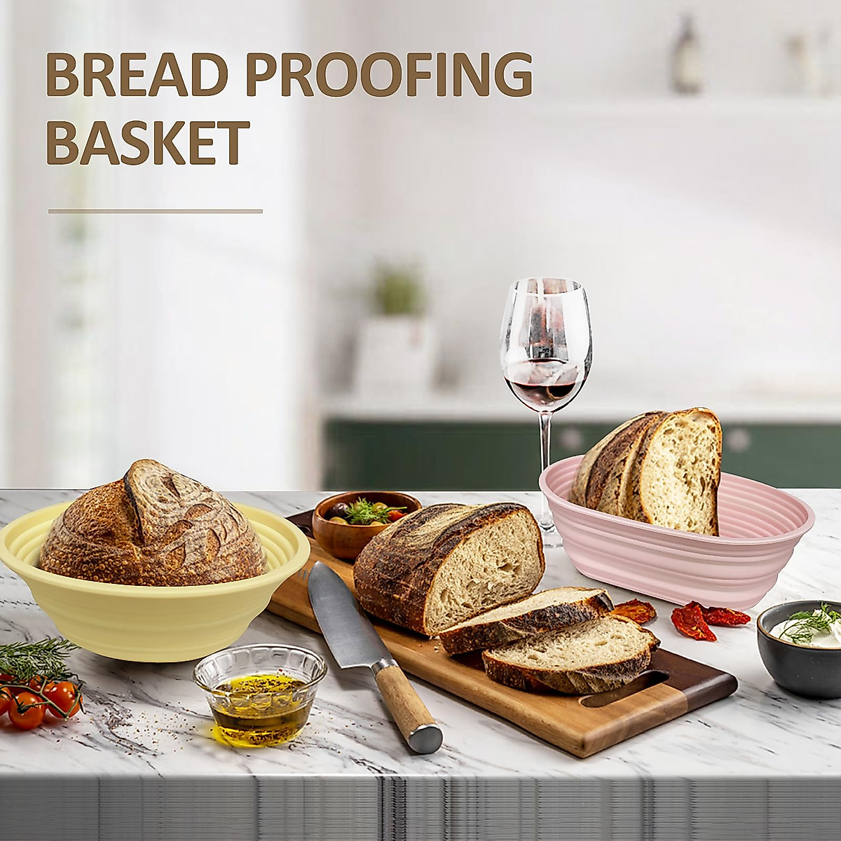 YCQQPRO Silicone Banneton Bread Proofing Basket for Sourdough, 9" & 10" Sourdough Bread Baking Supplies, Sourdough Starter Kit, Bread Making Supplies Tools, Bread Baskets Set (Round & Oval)
