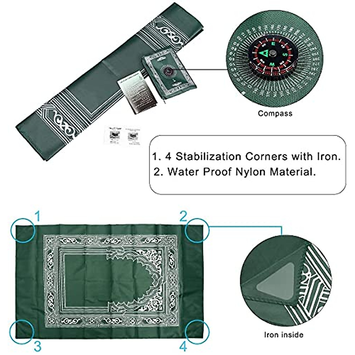 Hitopin Travel Prayer Mat, 60cm*100cm Praying Rug, Portable Polyester Prayer Rug with Compass, Islamic Waterproof Prayer Mat, Muslim Prayer Mat, for Ramadan Gifts, Islamic Prayer (Green)