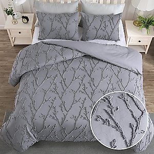 Queen Size Duvet Cover Set - 3-Piece Shabby Chic Branches Tufted Embroidery Duvet Cover Set for All Seasons, Grey, 90 x 90 Inch