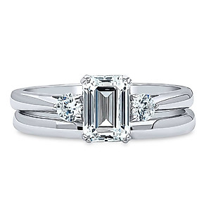 BERRICLE Sterling Silver 3-Stone Wedding Engagement Rings Emerald Cut Cubic Zirconia CZ Ring Set for Women, Rhodium Plated Size 9.5