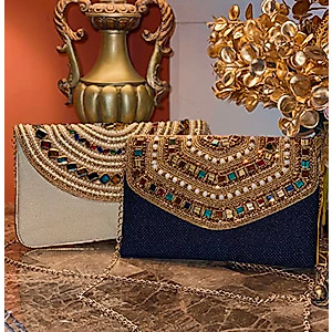 Women's Black and Gold Beaded Envelope Clutch, Luxury Handmade Formal Vintage Evening Bag