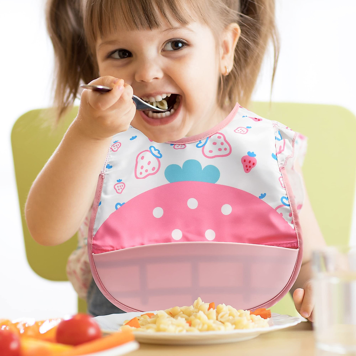 GAJIGAJI Waterproof Baby Bib with Silicone Food Catcher Pocket, Adjustable Feeding Bib Fit for 6-24 Month Toddlers (Leaves Green)