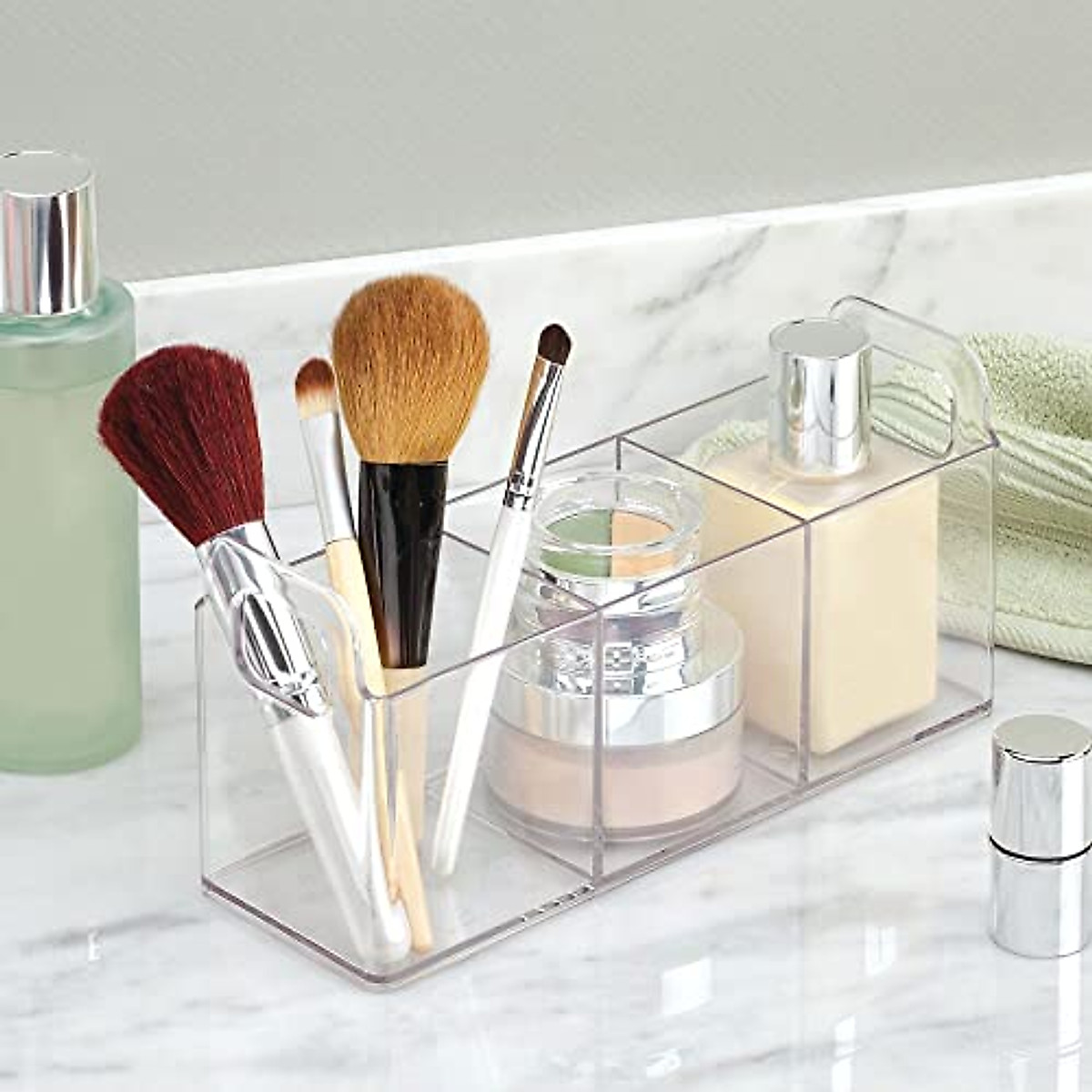 mDesign Plastic 3-Compartment Bathroom Organizer Storage Bin - Divided Makeup Caddy and Hair/Beauty Product Holder Tray - Perfect for Vanity, Counter, and Cabinet - Lumiere Collection, 2 Pack, Clear