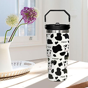 Cute Cow Tumbler with Handle and Straw, Stainless Steel Vacuum Insulated Flip Straw 30 oz Cow Tumbler Spill Proof Coffee Travel Mug Cow Gifts for Women