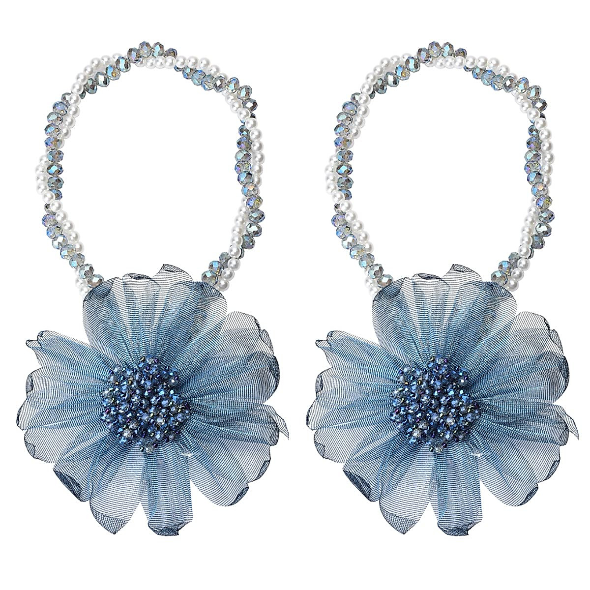 SUQ I OME 2 Pack of Handmade Crystal Pearl Beaded Magnetic Flower Curtain Tieback Holdback for Drapes