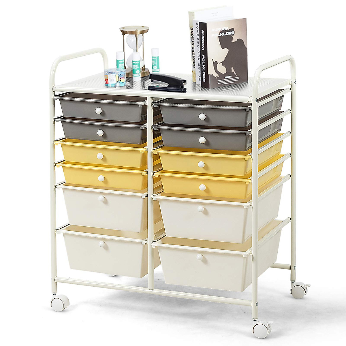 Moccha 12 Drawer Rolling Storage Cart, Utility Cart with Wheels, Tools Scrapbook Paper Organizer, 2 Sizes of Drawers, Multipurpose Lightweight Cart for School, Office, Home, Beauty Salon (Yellow)